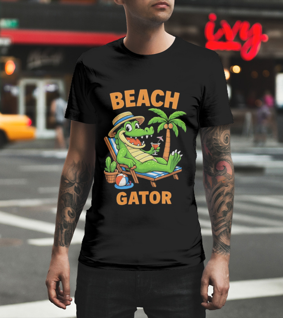 Beach Gator Tropical Alligator Vacation Relaxing With Cocktail Palm Tree T-Shirt