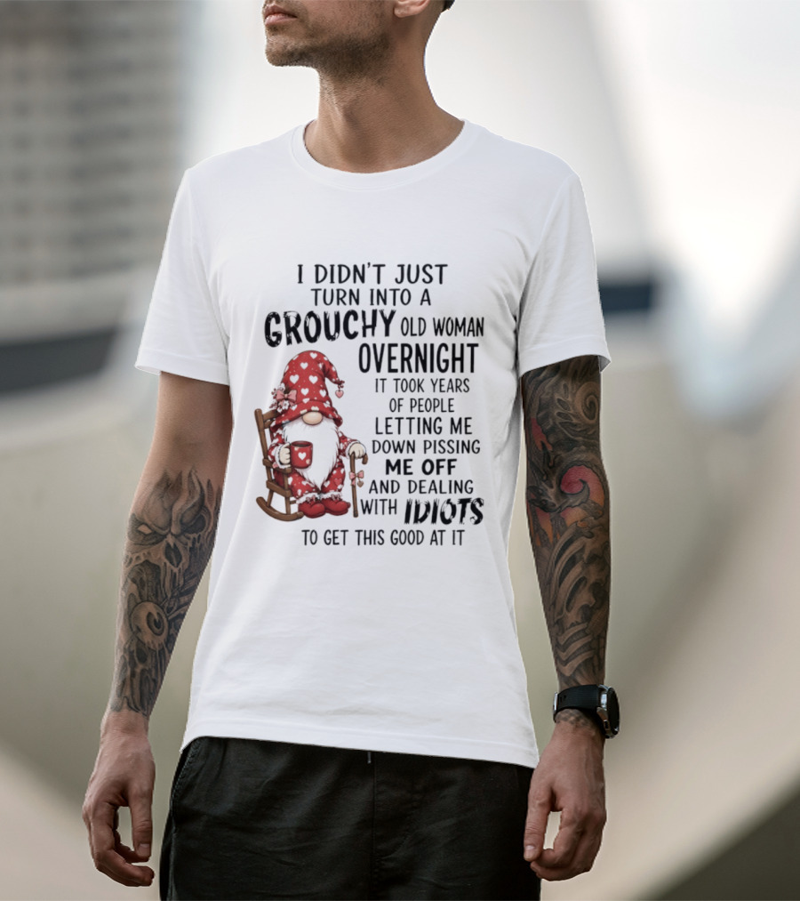 I Didn't Just Turn Into A Grouchy Old Woman Overnight Gnome Humor It Took Years Of People Letting Me Down Pissing Me Off And Dealing With Idiots T-Shirt