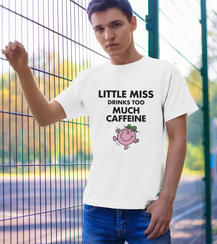 Little Miss Drinks Too Much Caffeine Pink Character With Green Bow T-Shirt