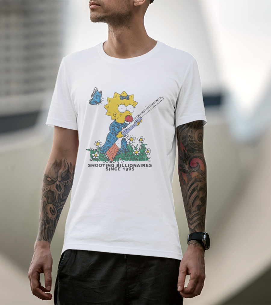 Maggie Simpson Shooting Billionaires Butterfly And Flowers Since 1995 T-Shirt