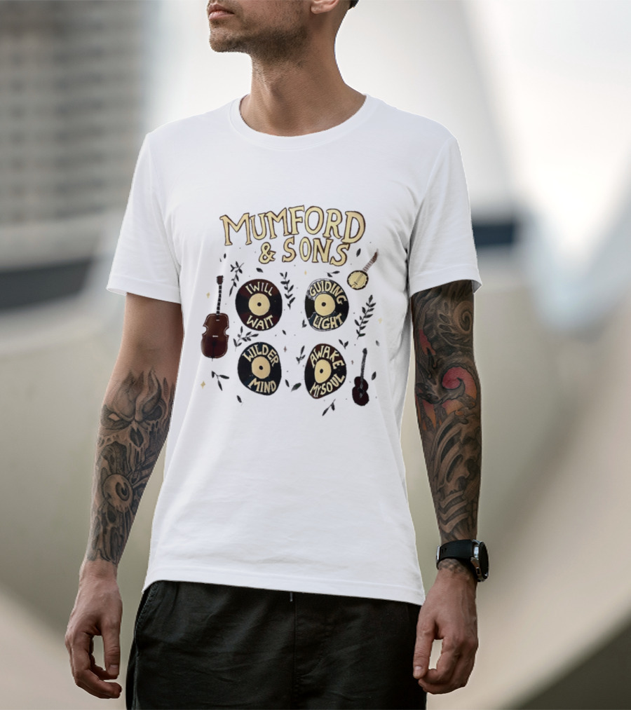 Mumford And Sons I Will Wait Guiding Light Wilder Mind Awake My Soul Vinyl Record Banjo Guitar T-Shirt