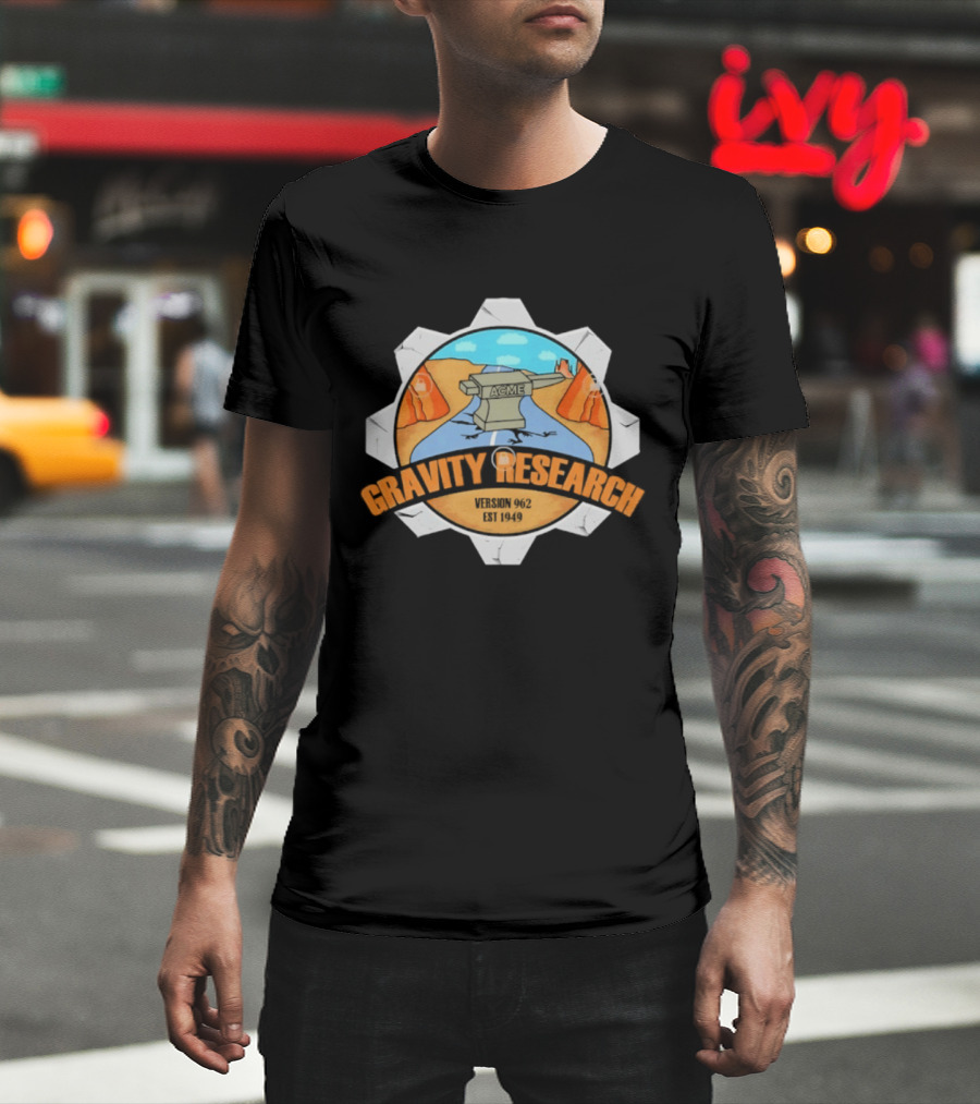 Acme Gravity Research Version 962 Est 1949 Cartoon Desert Road Scene T-Shirt