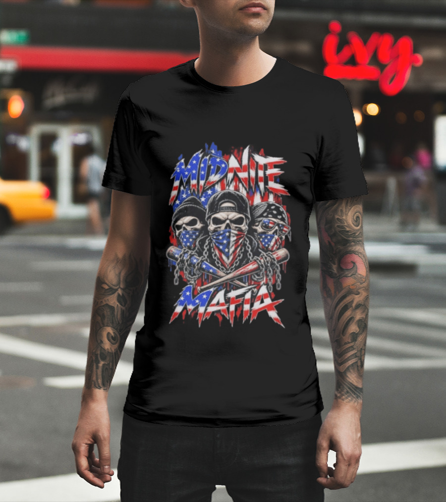 Midnite Mafia Skulls American Flag Bandanas Baseball Bats Chains T-Shirt