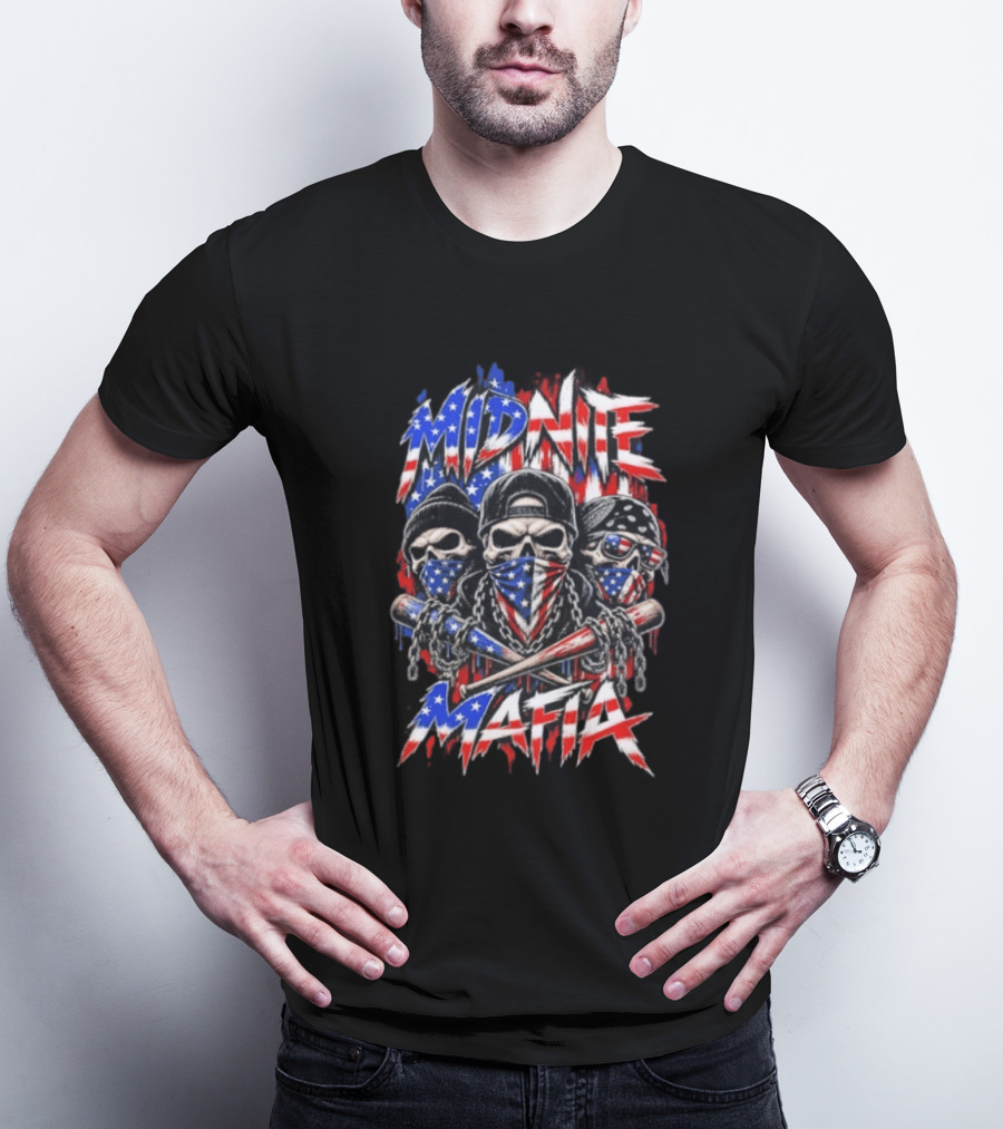 Midnite Mafia Skulls American Flag Bandanas Baseball Bats Chains T-Shirt