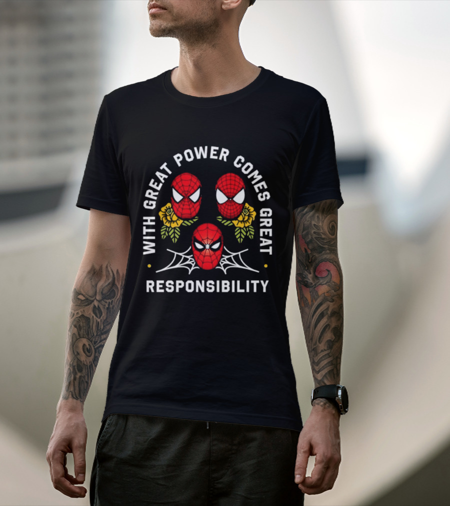 With Great Power Comes Great Responsibility Spider Man Masks Webs Flowers T-Shirt