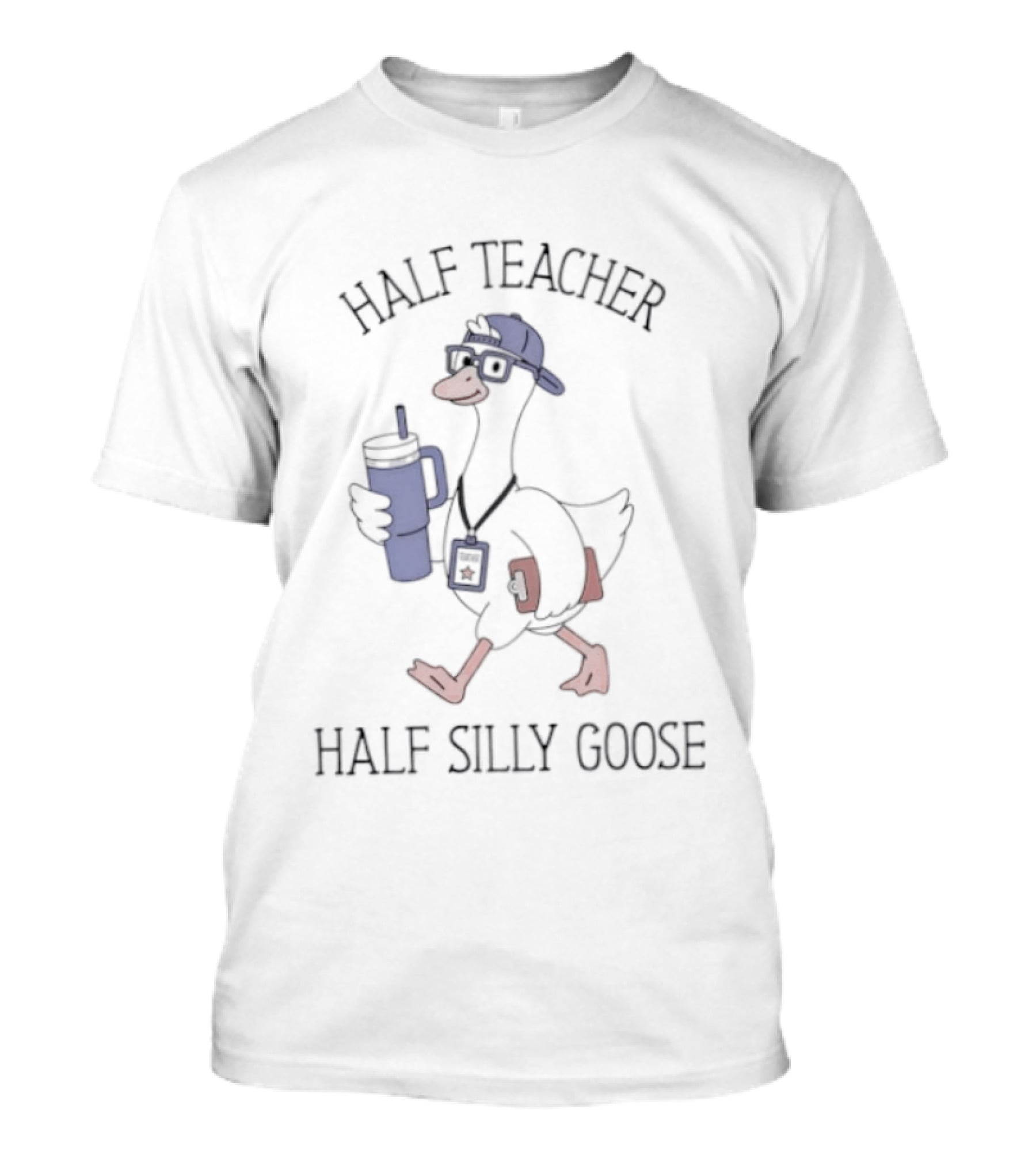 Half Teacher Half Silly Goose Funny Cartoon Duck With Coffee And School Supplies T-Shirt