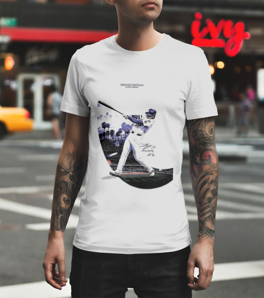 Shohei Ohtani 17 Los Angeles Angels MLB Slugger Swing Two Sided T-Shirt