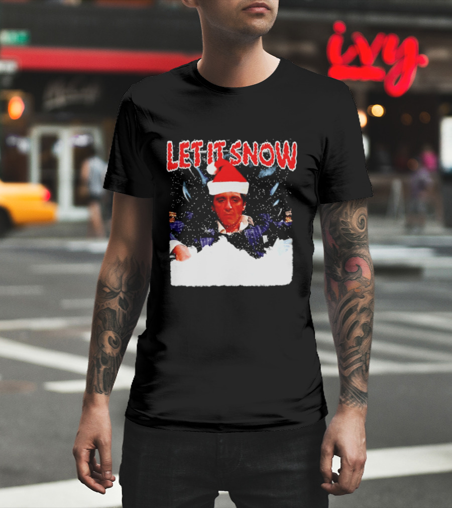 Let It Snow Al Pacino Scarface Tony Montana Snowflakes Santa Hat T-Shirt