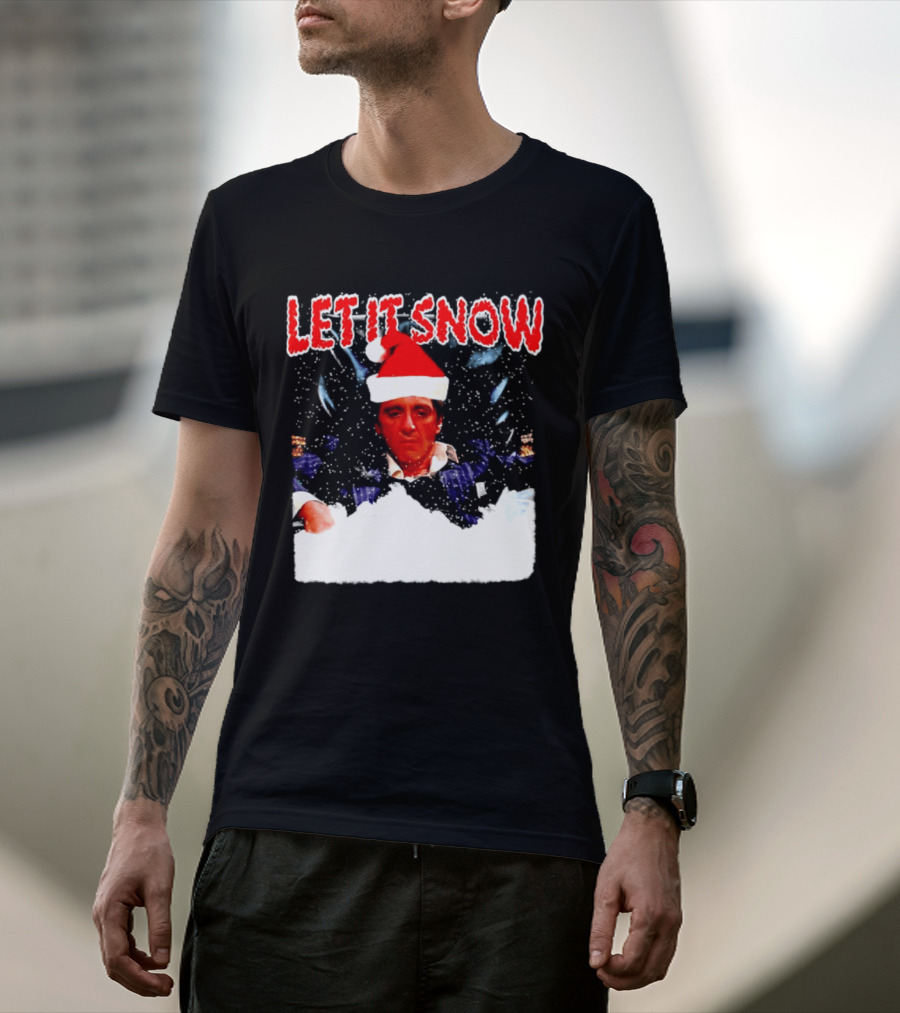 Let It Snow Al Pacino Scarface Tony Montana Snowflakes Santa Hat T-Shirt