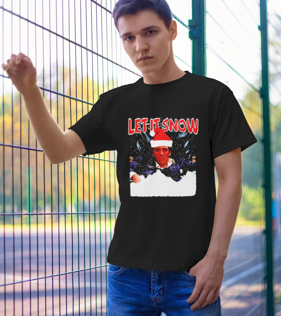 Let It Snow Al Pacino Scarface Tony Montana Snowflakes Santa Hat T-Shirt