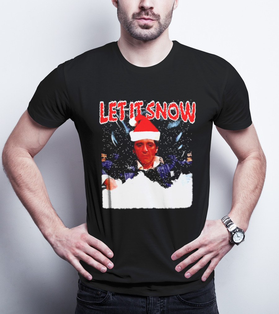 Let It Snow Al Pacino Scarface Tony Montana Snowflakes Santa Hat T-Shirt