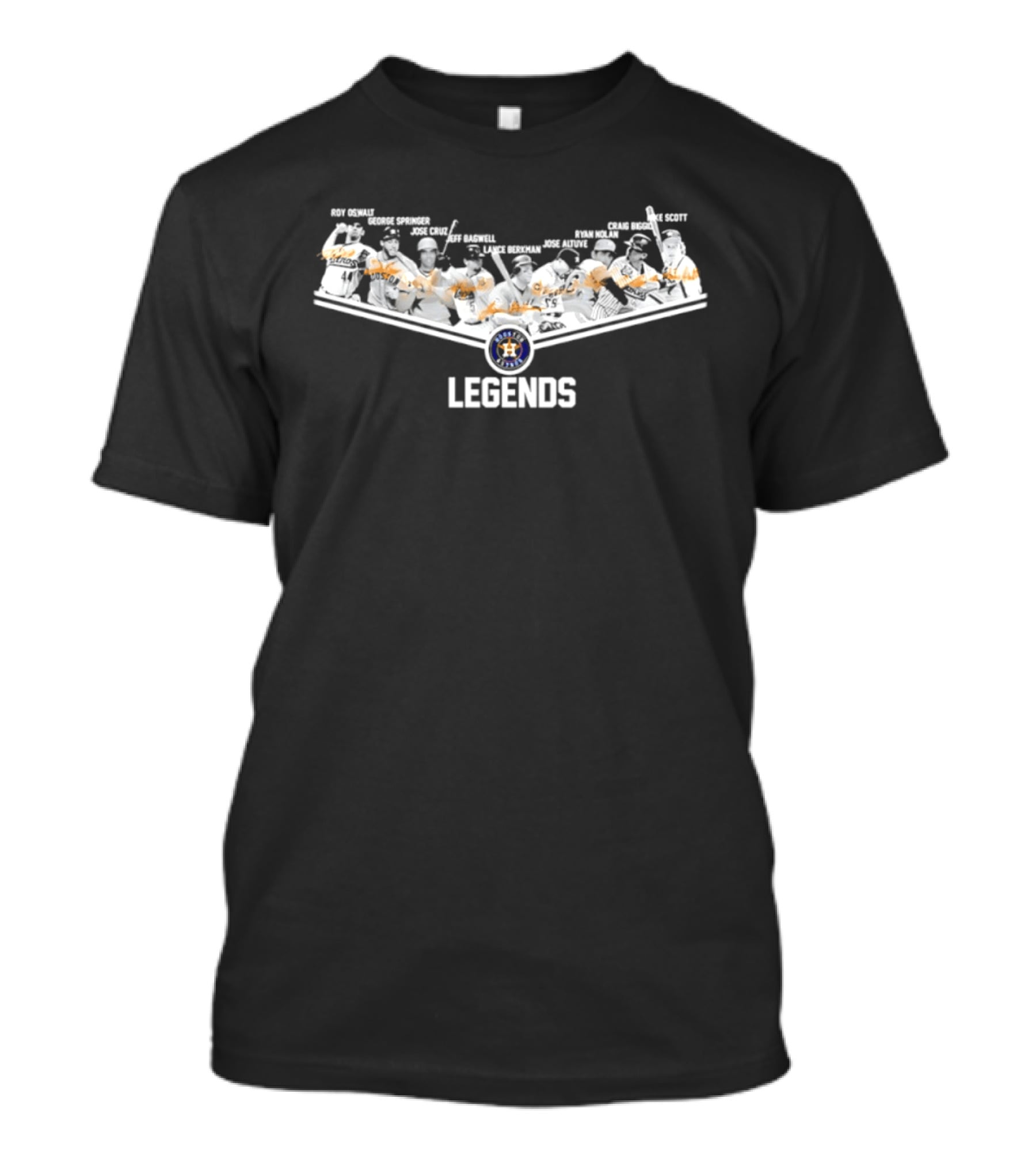 Houston Astros Legends Roy Oswalt George Springer Jose Cruz Jeff Bagwell Lance Berkman Jose Altuve Nolan Ryan Craig Biggio Mike Scott Signatures T-Shirt