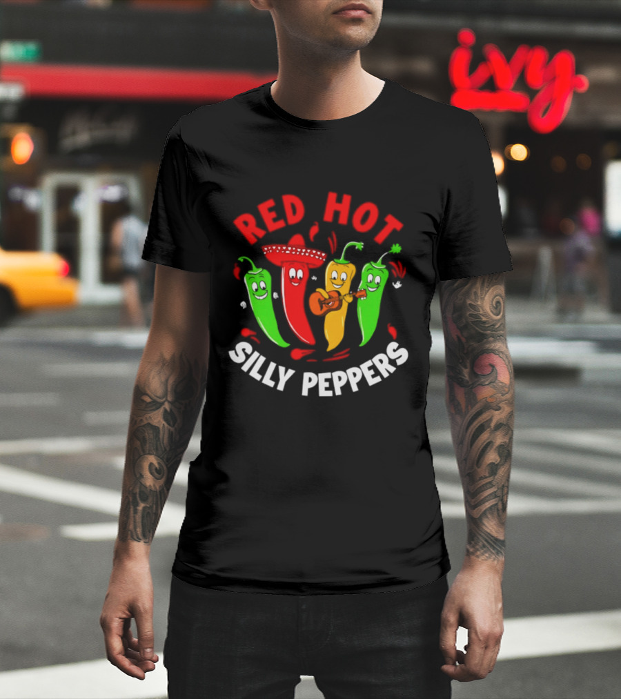 Red Hot Silly Peppers Band With Colorful Chili Cartoon Characters Playing Guitar T-Shirt