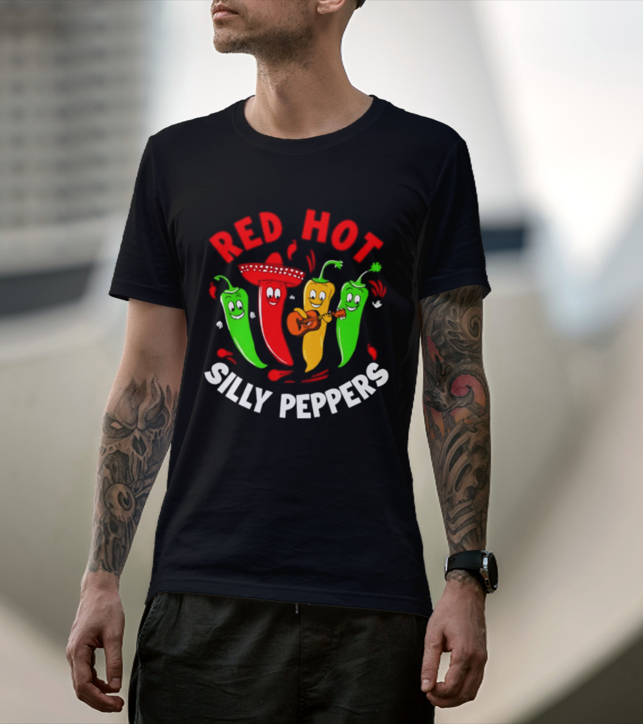 Red Hot Silly Peppers Band With Colorful Chili Cartoon Characters Playing Guitar T-Shirt