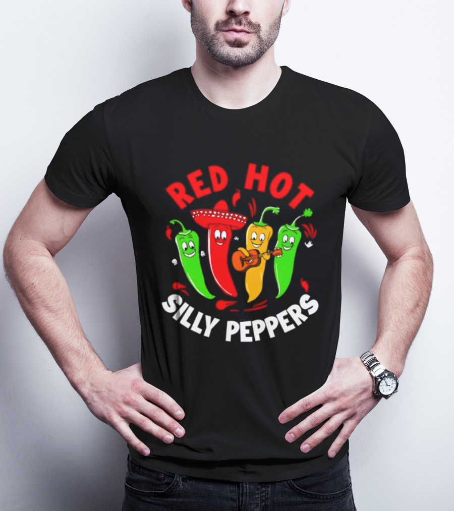 Red Hot Silly Peppers Band With Colorful Chili Cartoon Characters Playing Guitar T-Shirt