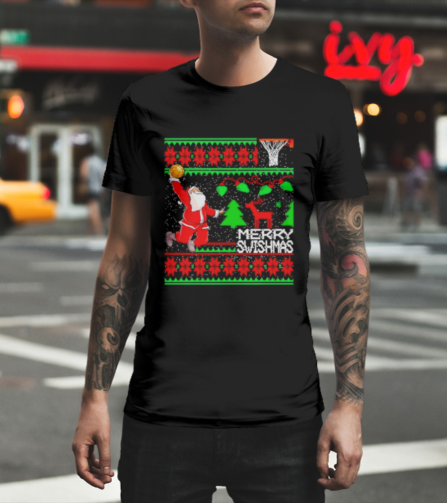 Santa Claus Dunking Basketball Ugly Christmas Sweater Merry Swishmas T-Shirt