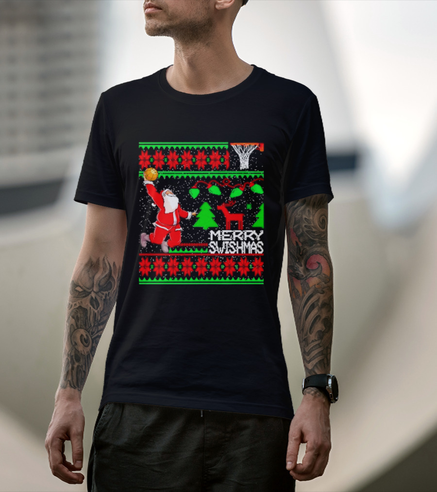 Santa Claus Dunking Basketball Ugly Christmas Sweater Merry Swishmas T-Shirt