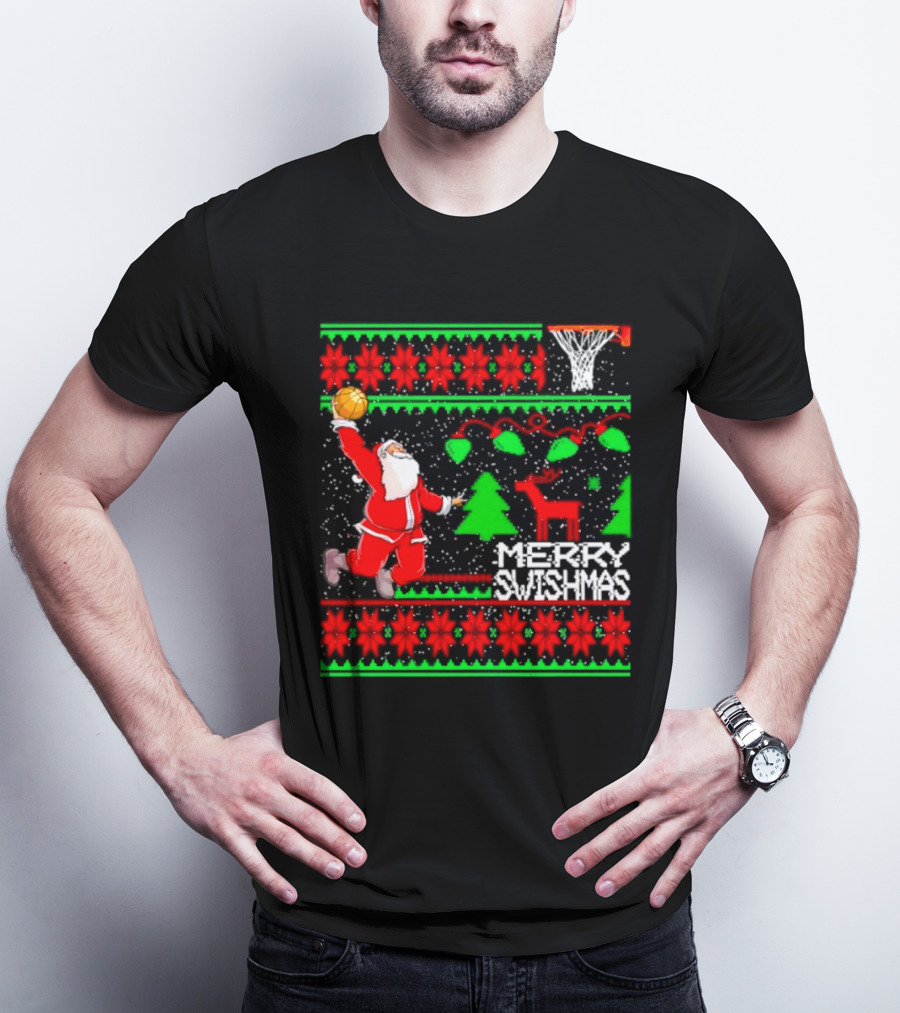 Santa Claus Dunking Basketball Ugly Christmas Sweater Merry Swishmas T-Shirt