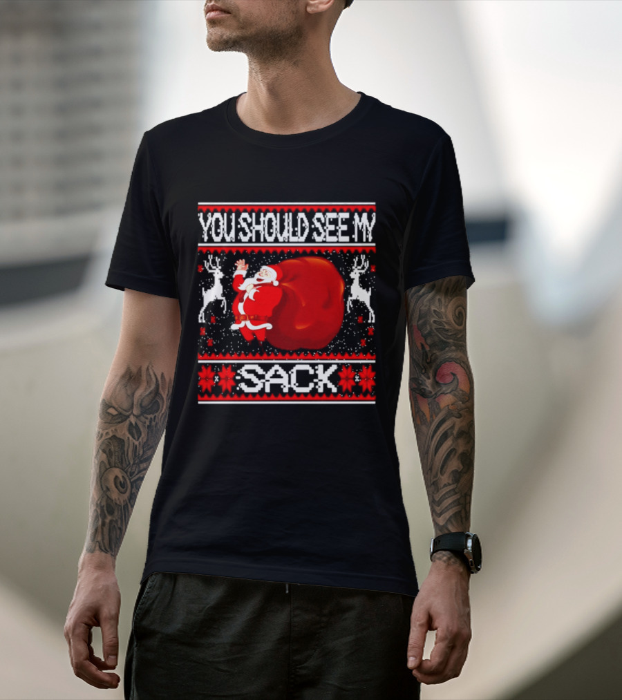 You Should See My Sack Santa Claus Ugly Christmas Reindeer Snowflakes T-Shirt