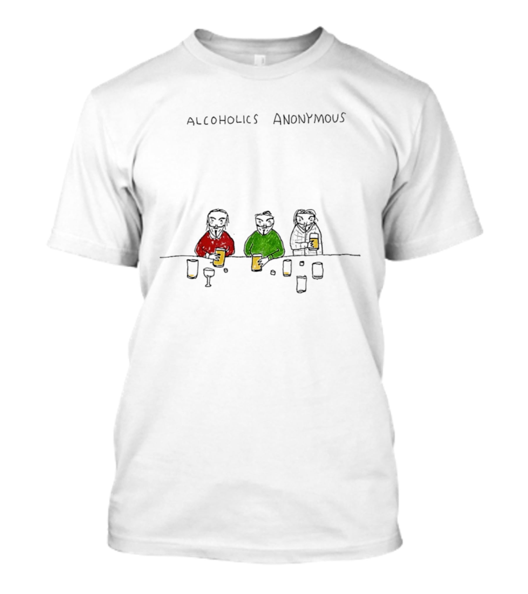 Alcoholics Anonymous Humor Three Characters With Drinks T-Shirt
