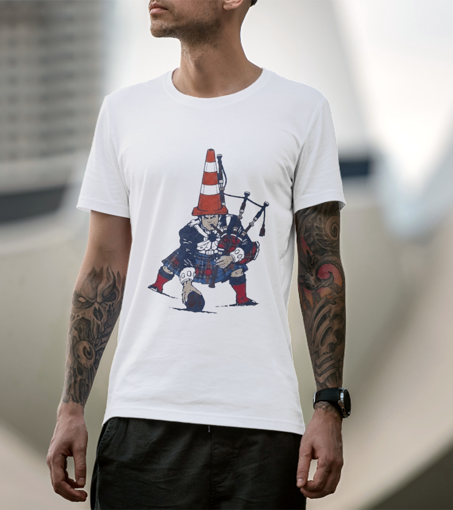 Bagpipes Player With Traffic Cone Hat Scottish Kilt Outfit T-Shirt