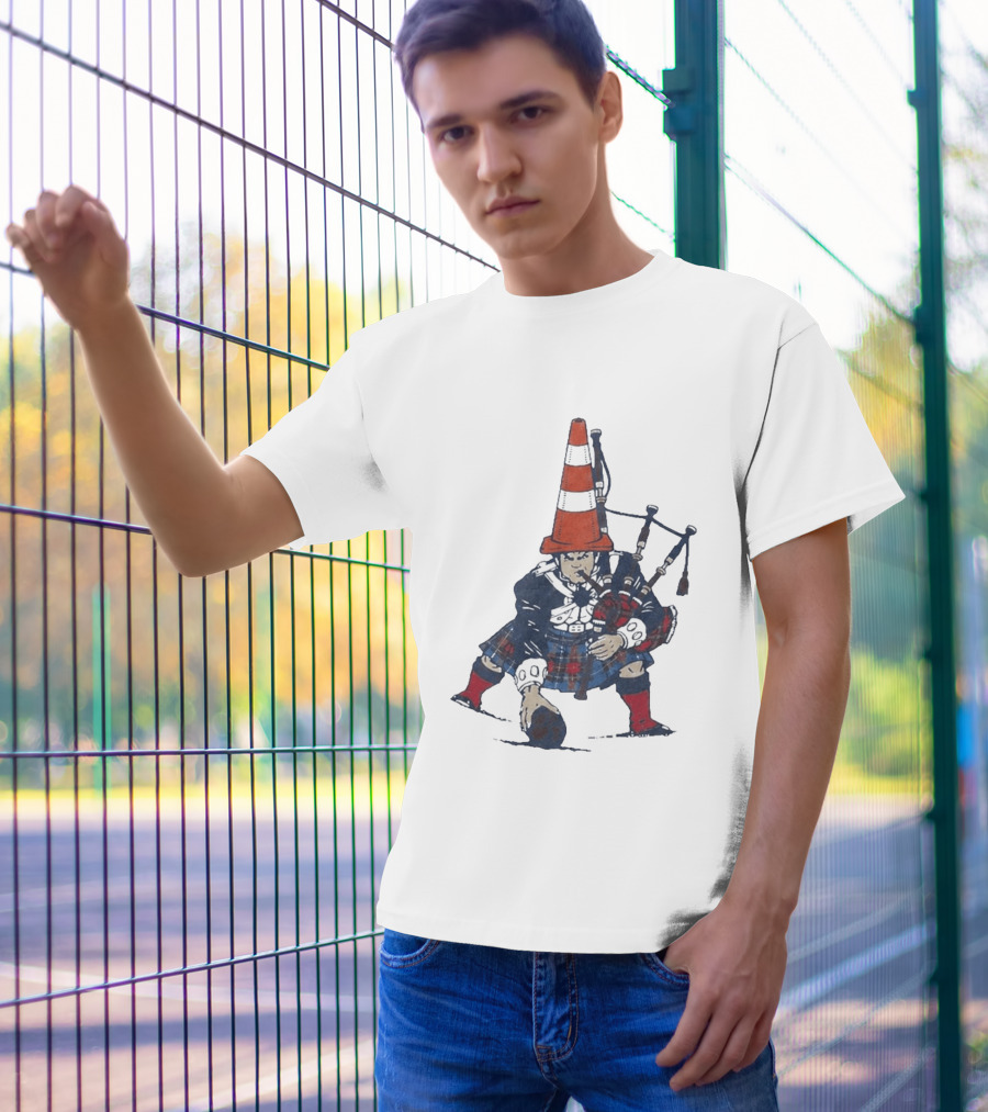 Bagpipes Player With Traffic Cone Hat Scottish Kilt Outfit T-Shirt
