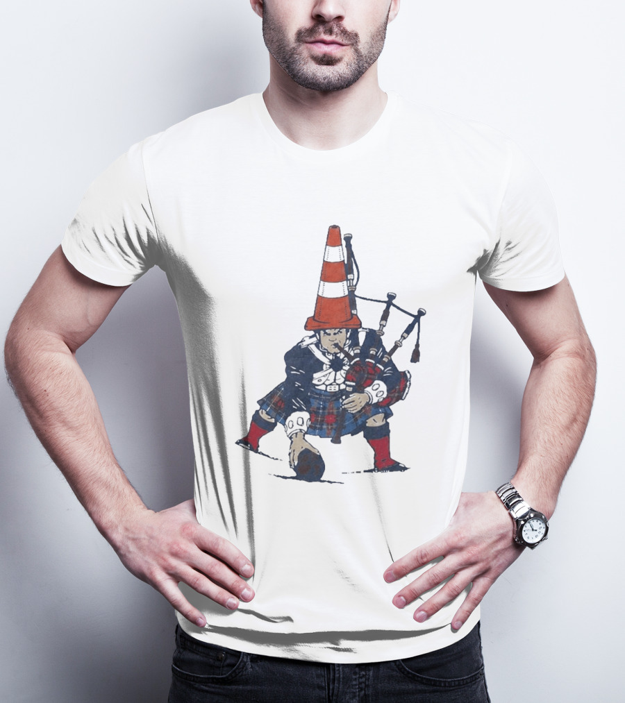 Bagpipes Player With Traffic Cone Hat Scottish Kilt Outfit T-Shirt