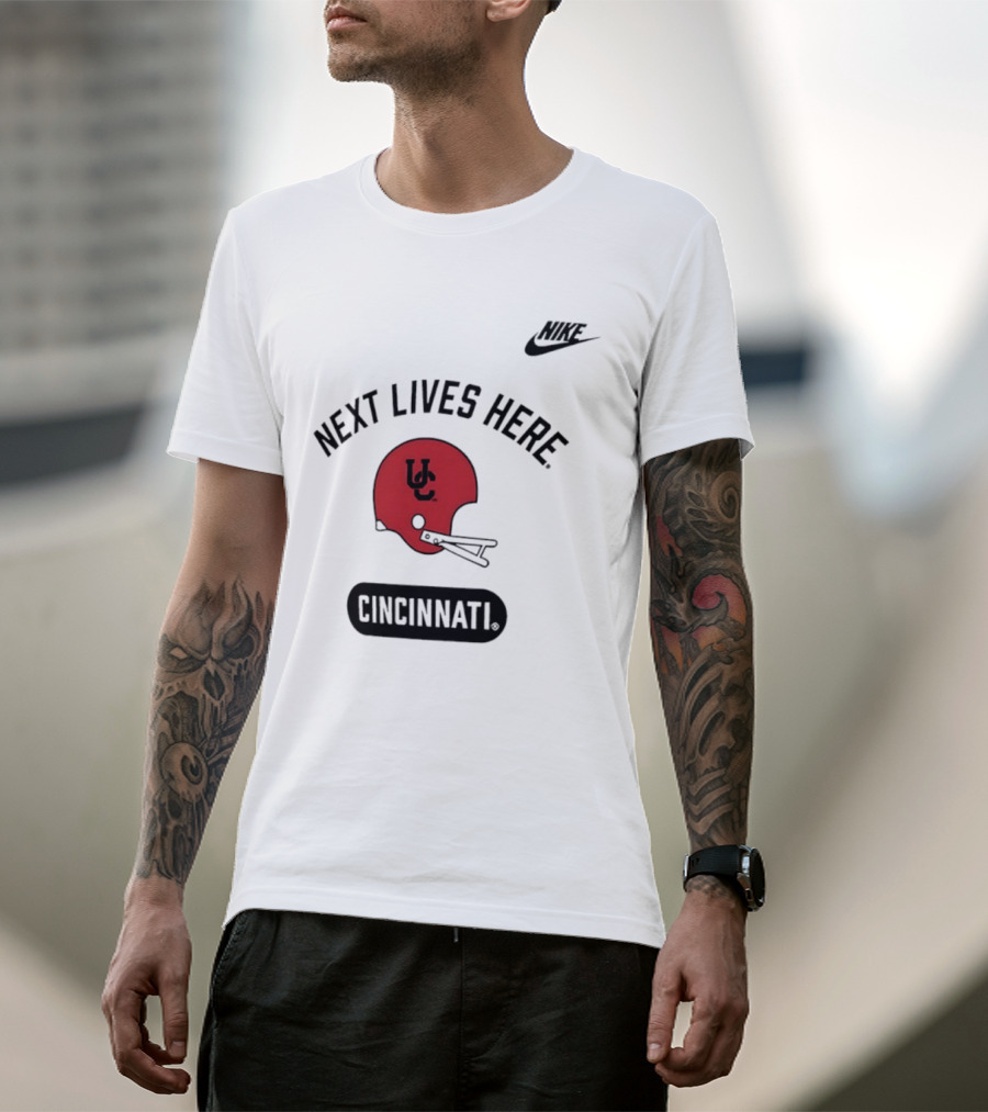 Next Lives Here Cincinnati UC Football Helmet Nike T-Shirt