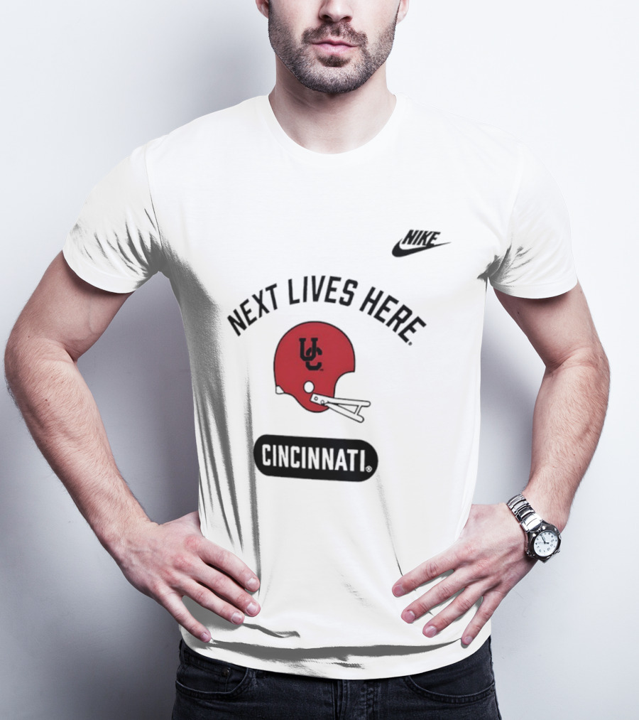 Next Lives Here Cincinnati UC Football Helmet Nike T-Shirt