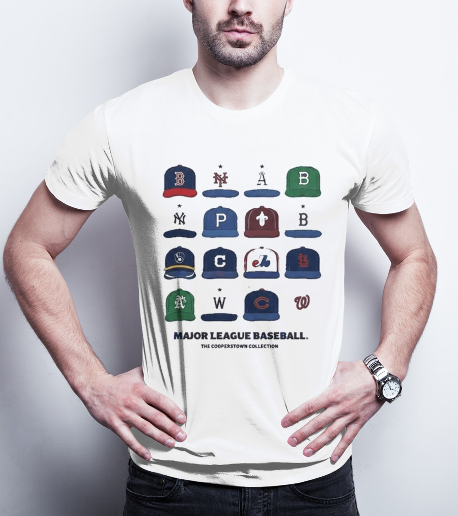 Major League Baseball Cooperstown Collection Cap Collage Featuring Historic Team Logos T-Shirt