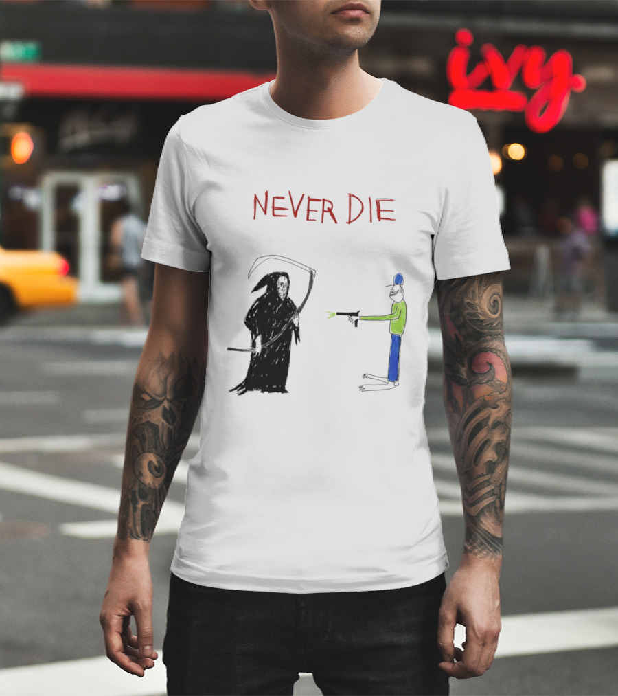 Never Die Grim Reaper Confronts Armed Man Drawing T-Shirt