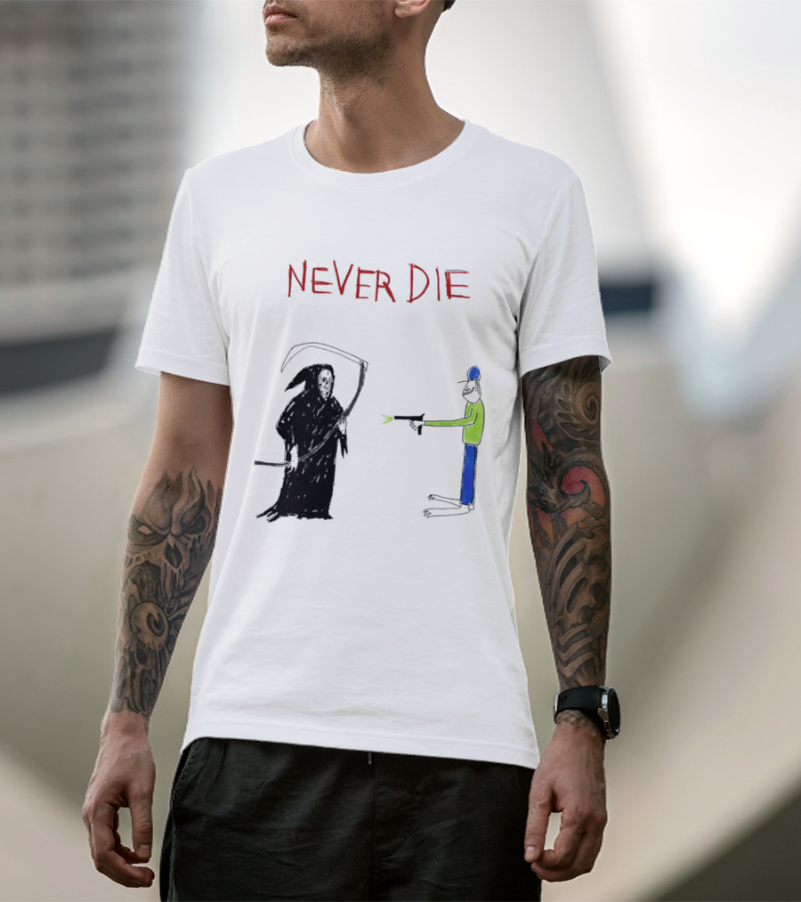 Never Die Grim Reaper Confronts Armed Man Drawing T-Shirt