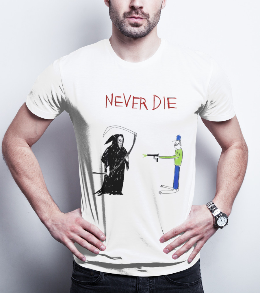 Never Die Grim Reaper Confronts Armed Man Drawing T-Shirt