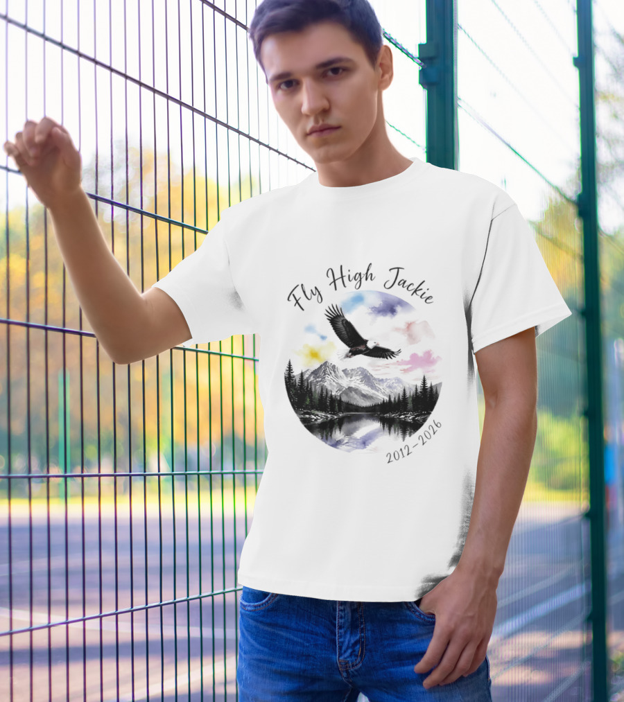 Fly High Jackie 2012 2026 Eagle Mountain Lake Memorial With Soaring Eagle And Scenic Sunset T-Shirt