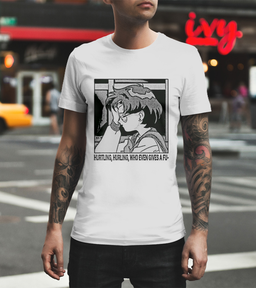 Hurtling Hurling Who Even Gives A Fu 90s Anime Style Frustrated Cartoon T-Shirt