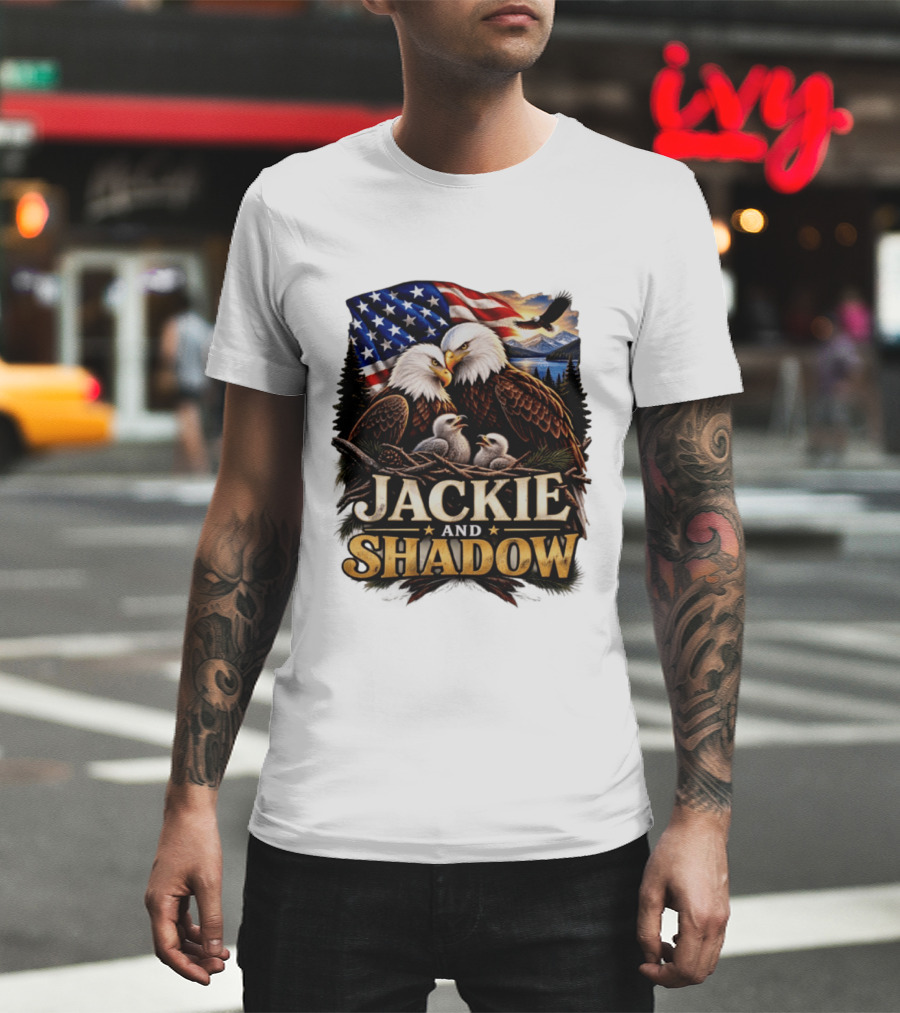 Jackie And Shadow Bald Eagles With American Flag T-Shirt