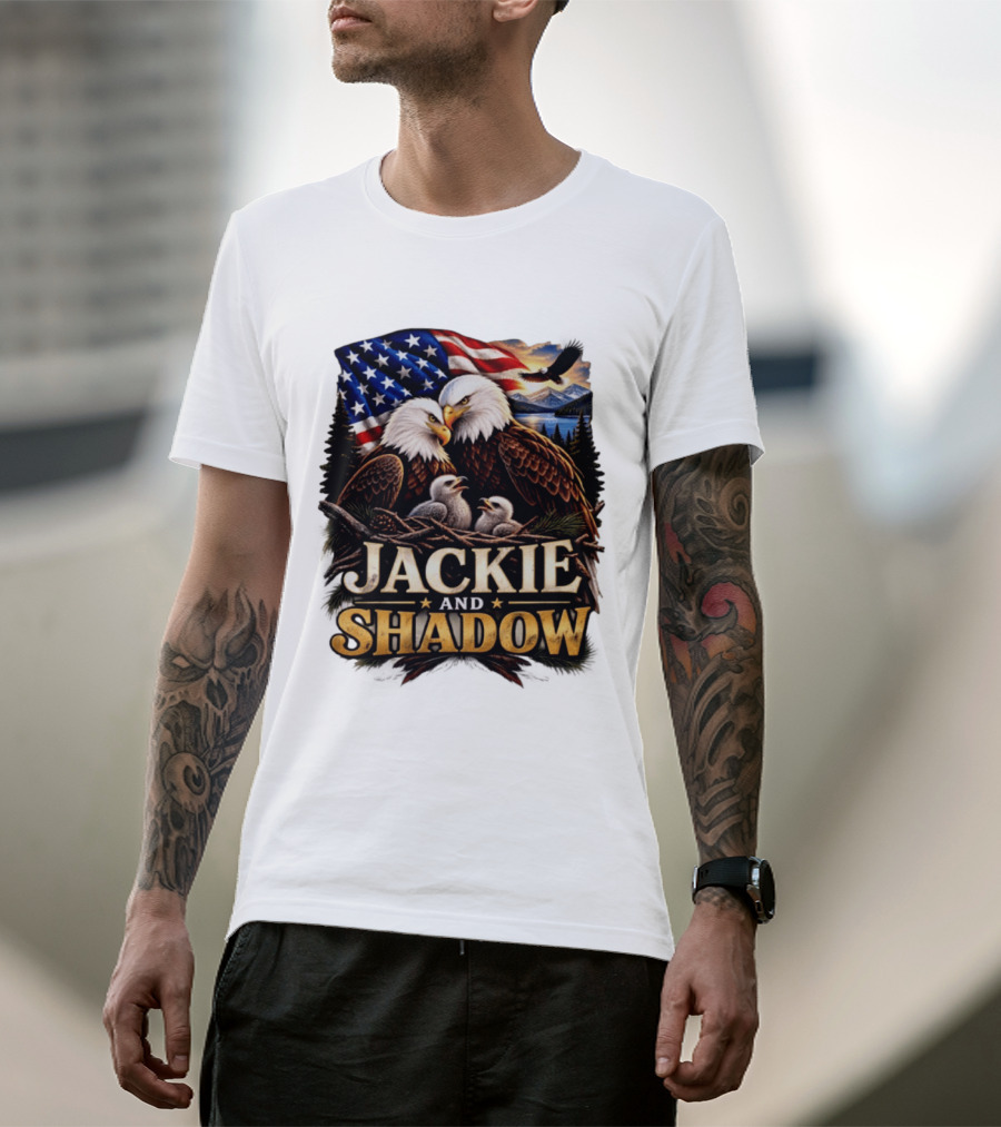 Jackie And Shadow Bald Eagles With American Flag T-Shirt