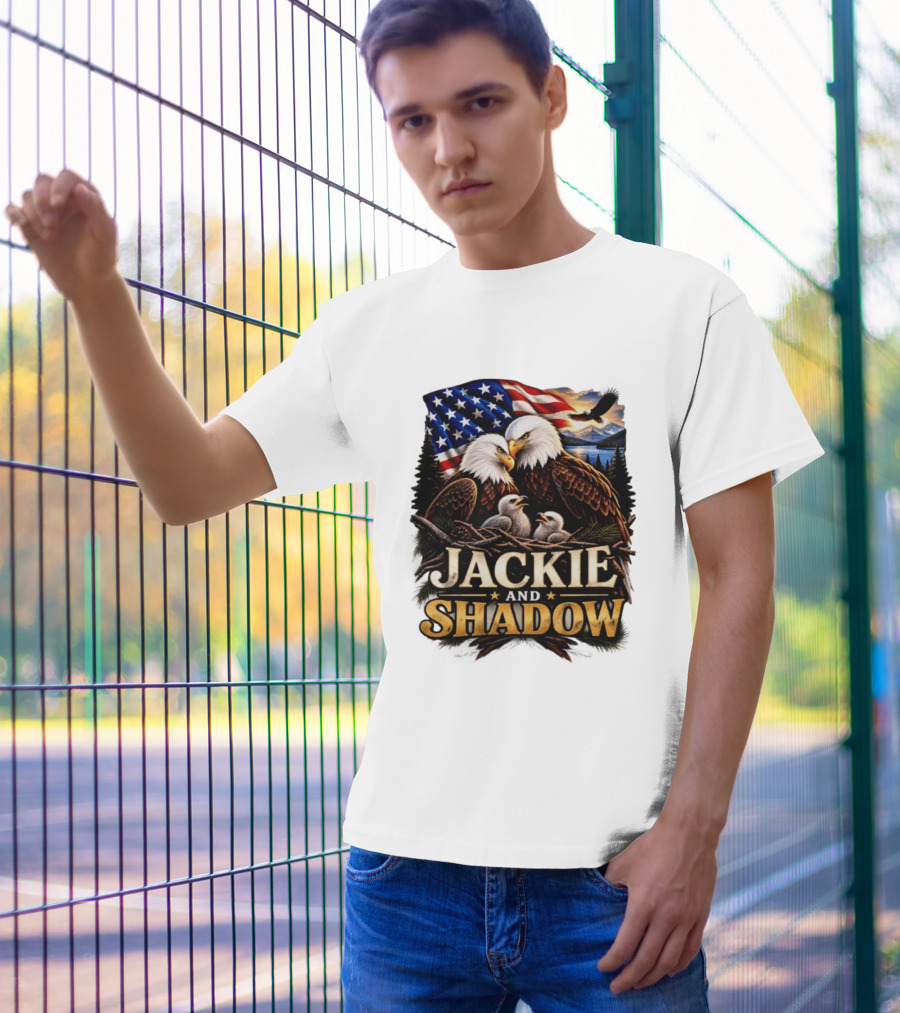 Jackie And Shadow Bald Eagles With American Flag T-Shirt