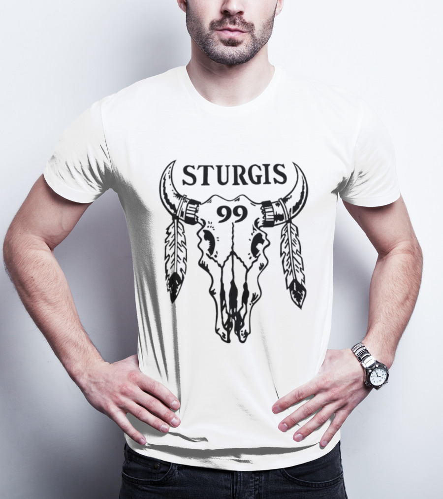 Sturgis 99 Bull Skull Western Biker Feathers T-Shirt