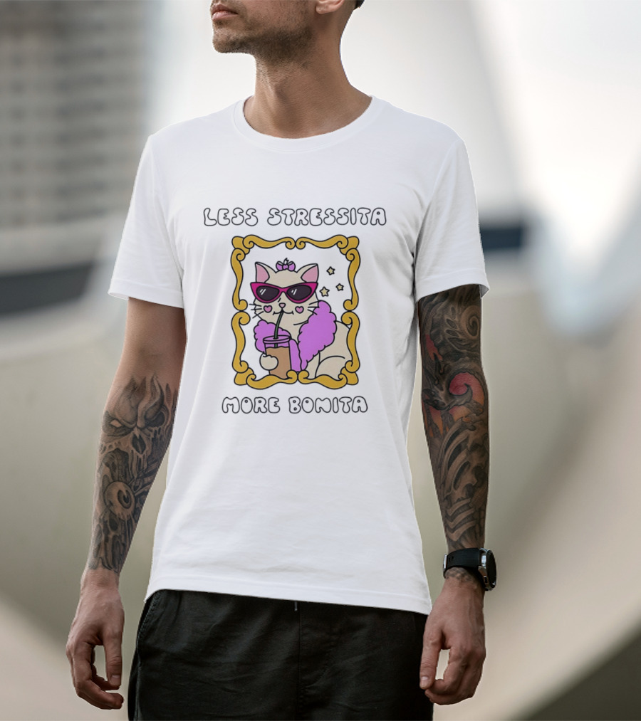 Less Stressita More Bonita Cat With Sunglasses And Drink Framed In Yellow Border T-Shirt