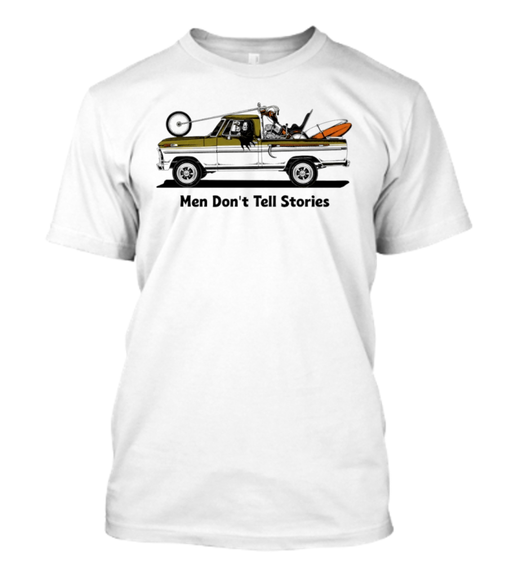 Men Don't Tell Stories Grim Reaper Chopper Motorcycle Truck Scene T-Shirt