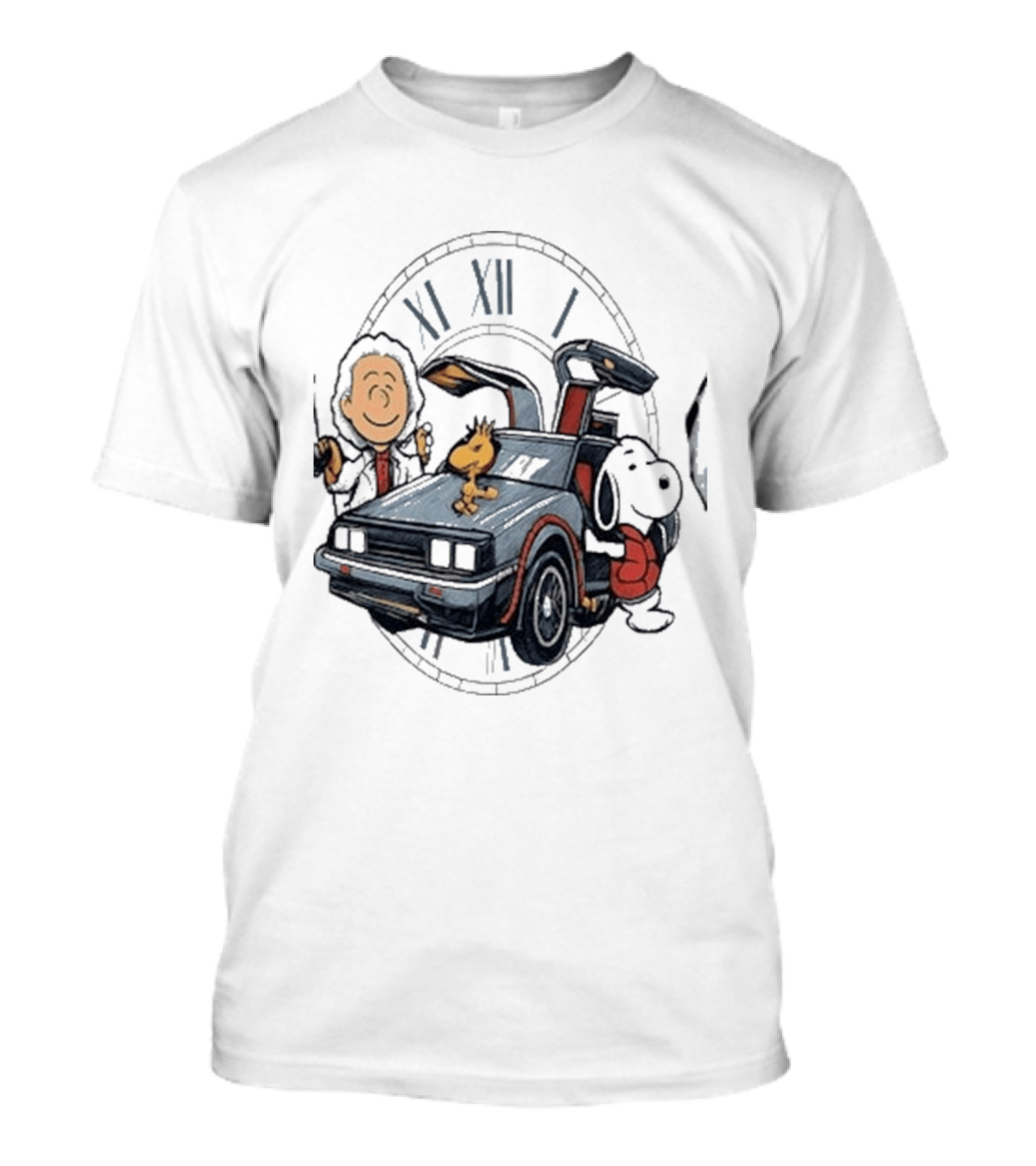 Peanuts Characters With DeLorean Time Machine And T-Shirt
