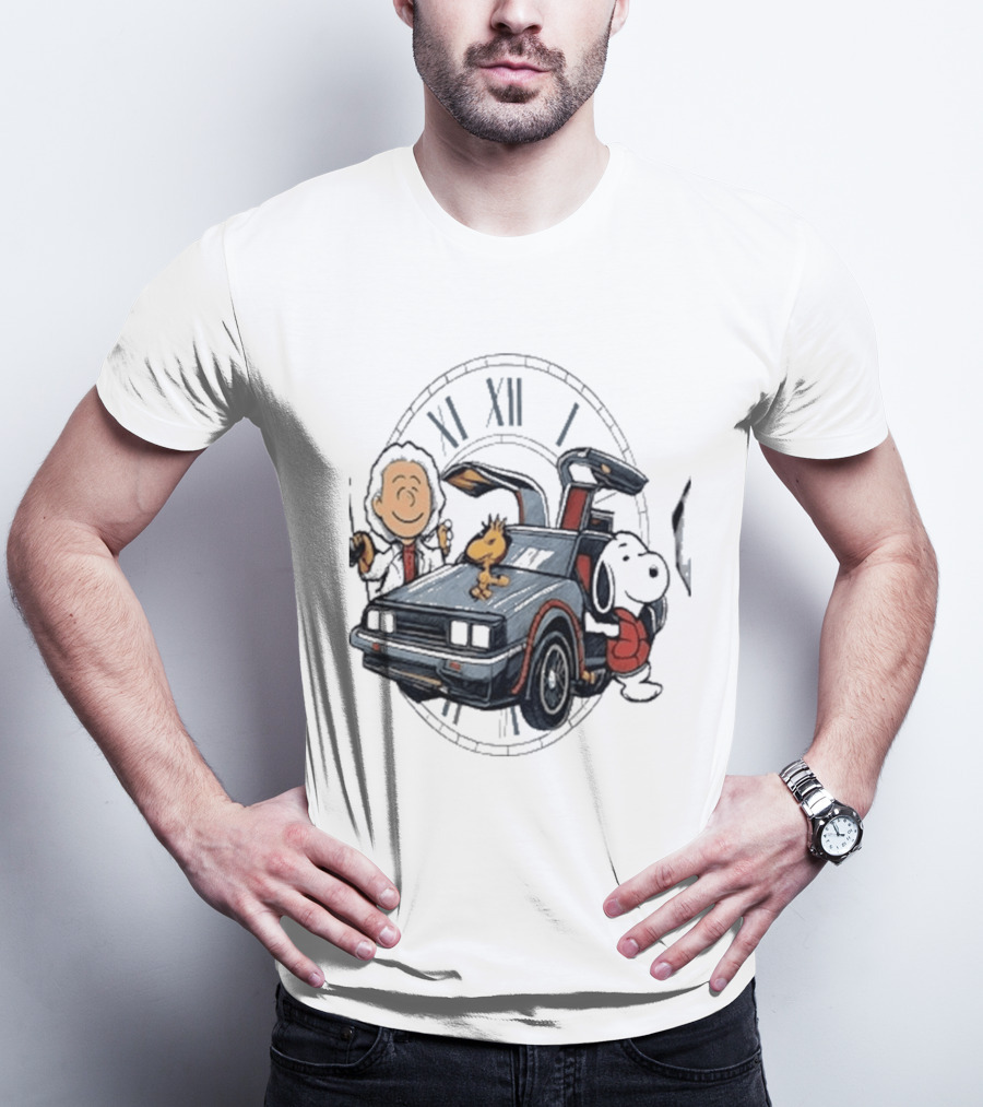 Peanuts Characters With DeLorean Time Machine And T-Shirt