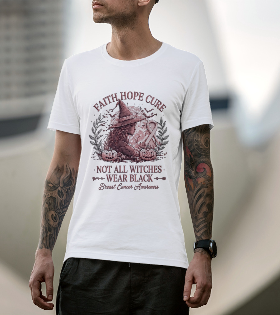Faith Hope Cure Not All Witches Wear Black Breast Cancer Awareness Pumpkin Hat T-Shirt
