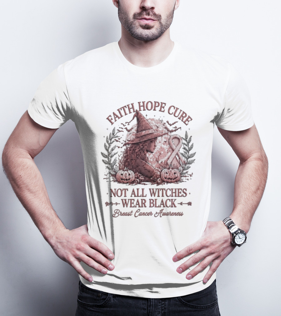 Faith Hope Cure Not All Witches Wear Black Breast Cancer Awareness Pumpkin Hat T-Shirt