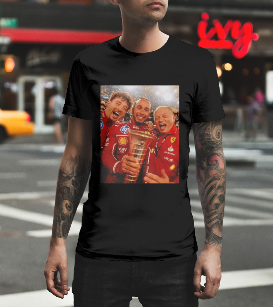 Charles Leclerc Lewis Hamilton Frederic Vasseur Ferrari Victory Celebration Trophy BP Shell Santander CEVA Racing T-Shirt