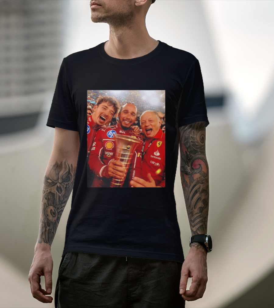 Charles Leclerc Lewis Hamilton Frederic Vasseur Ferrari Victory Celebration Trophy BP Shell Santander CEVA Racing T-Shirt