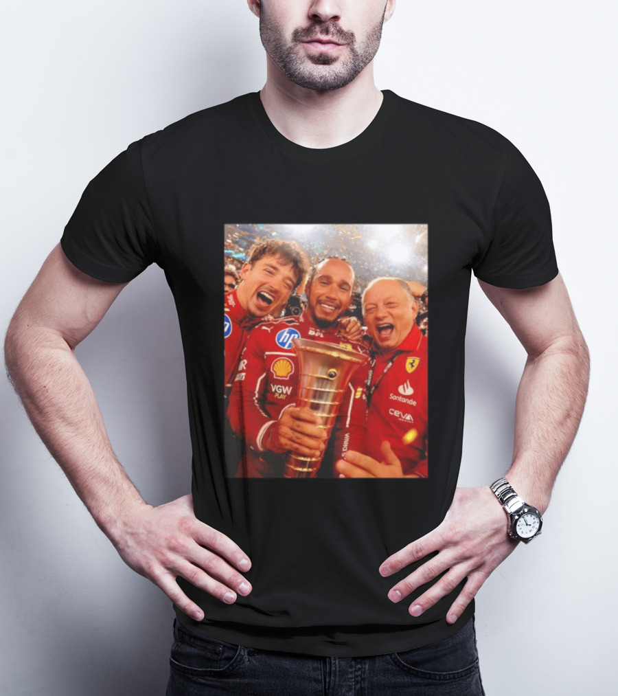 Charles Leclerc Lewis Hamilton Frederic Vasseur Ferrari Victory Celebration Trophy BP Shell Santander CEVA Racing T-Shirt