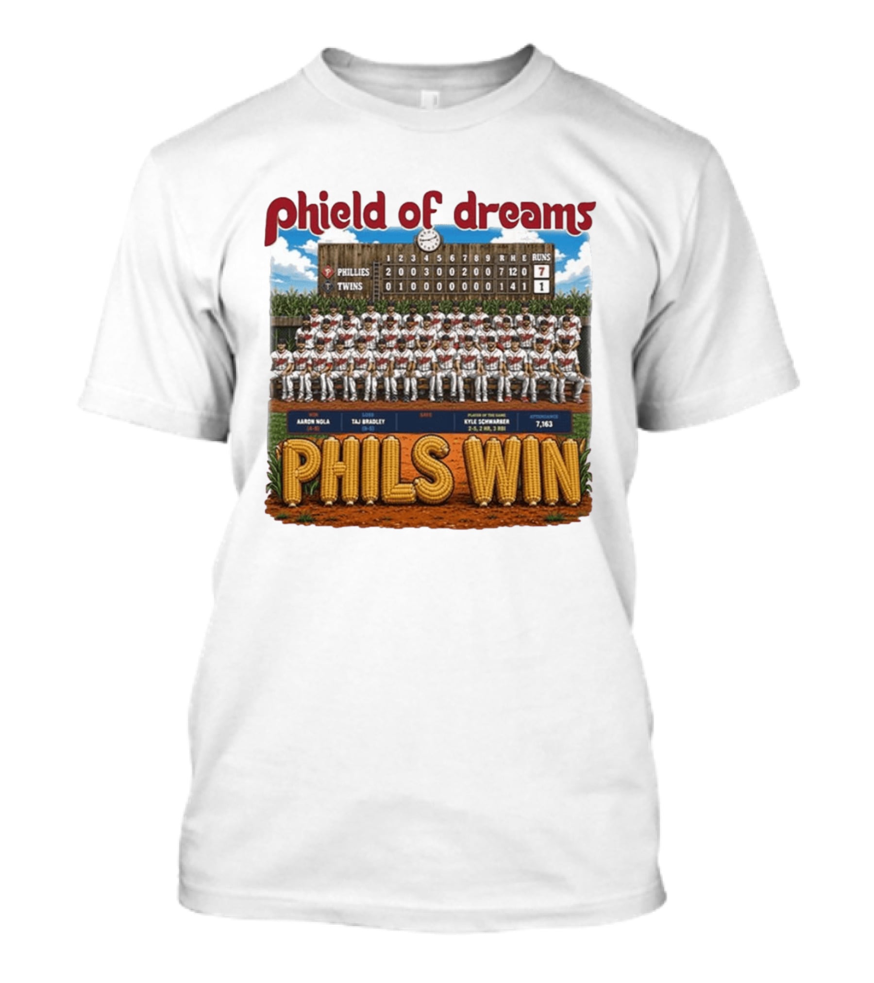 Phield Of Dreams Phillies Twins 7 1 Phils Win Scoreboard Aaron Nola Kyle Schwarber T-Shirt
