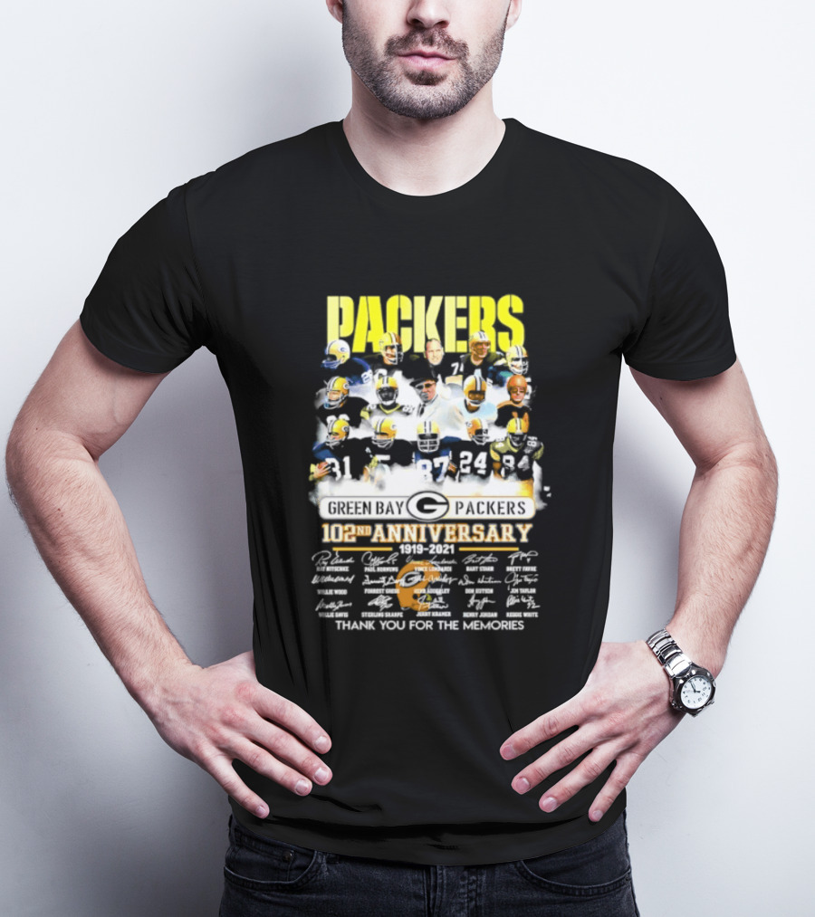 Green Bay Packers 102nd Anniversary 1919 2021 Thank You For The Memories Packers Legends Signatures Collection T-Shirt